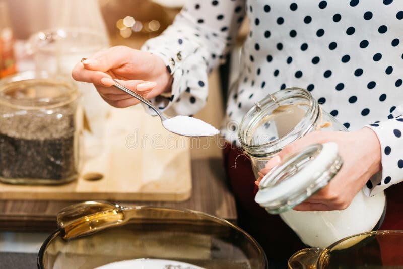 Woman Cafe Worker Adding Sugar To Bowl Stock Photo - Image of homemade ...