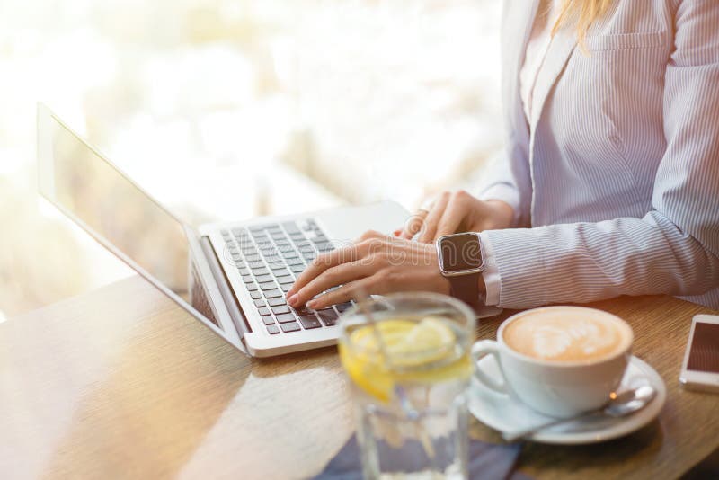 Woman in Cafe Working on Computer Stock Image - Image of lady, candid ...