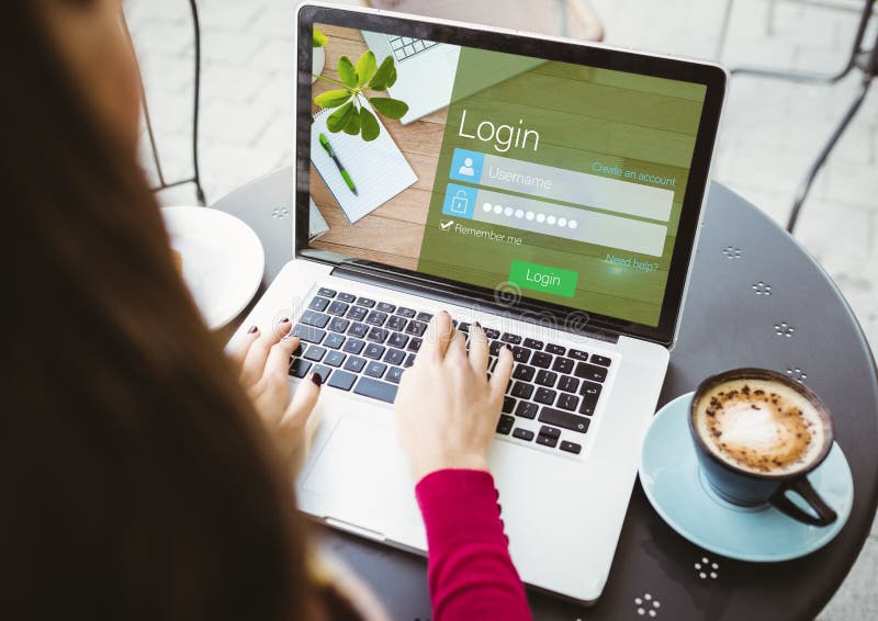 Woman in a Cafeteria with Laptop with Login Screen Stock Illustration ...