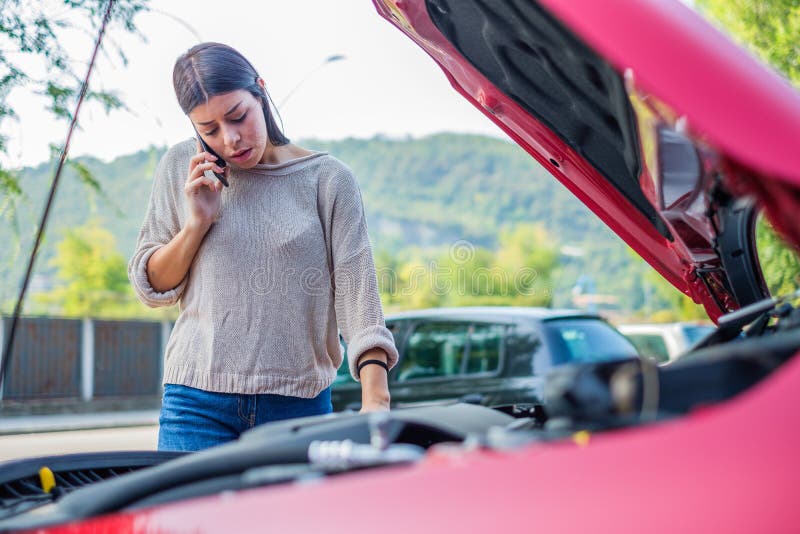 Woman Need Help after Vehicle and Engine Breakdown Stock Photo - Image ...