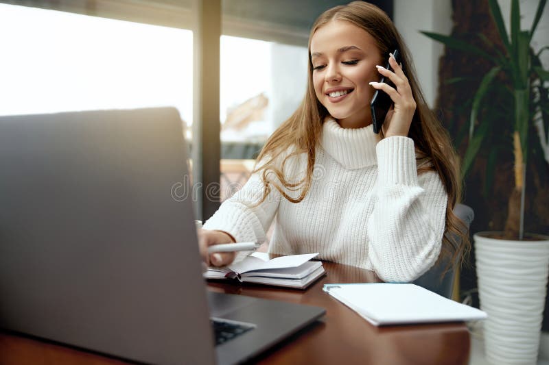 Woman Calling , Talking and Asking about Something, Using Laptop Stock ...