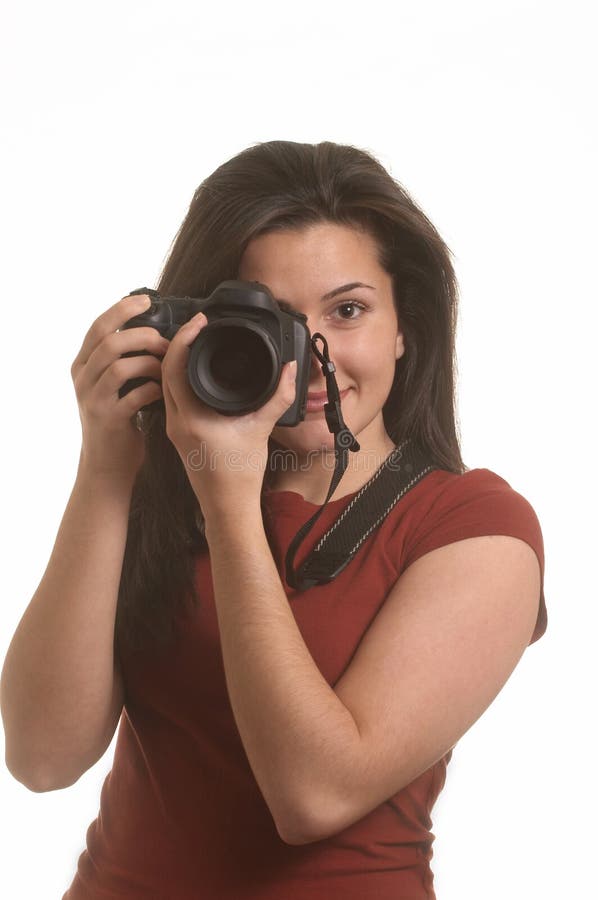 Photographer Woman Holding Camera Over Dark Stock Photo - Image of ...