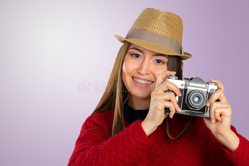 Woman with camera stock image. Image of isolated, casual - 72926917