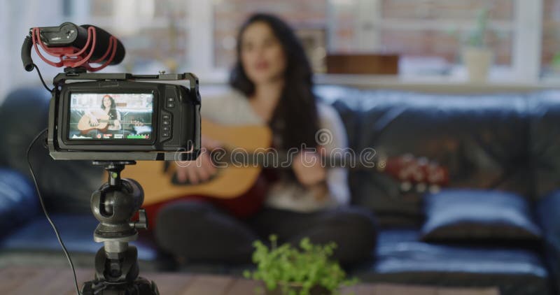 Woman, Camera and Live Streaming at Home, Guitar and Tutorial or ...