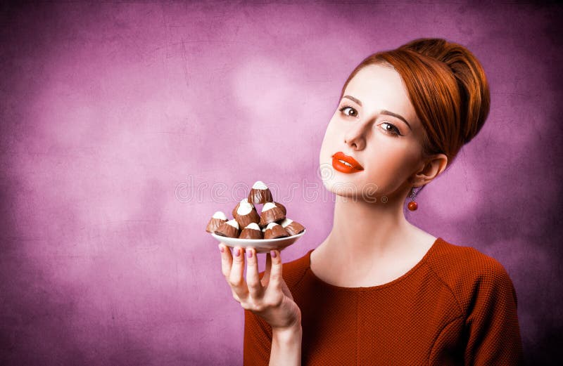 Woman with Candy on Violet Background. Stock Image - Image of healthy ...