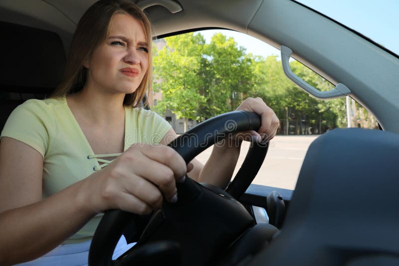 Emotional Woman in Car. Aggressive Driving Behavior Stock Image - Image ...