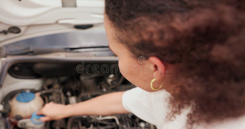 Woman, Car Breakdown and Check Engine for Water, Thinking or Problem ...