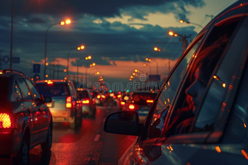 Woman in Car during Rush Hour Traffic at Sunset Stock Photo - Image of ...