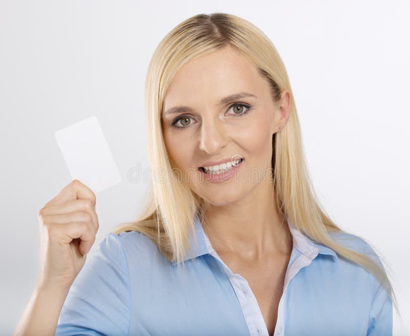 Woman with card stock image. Image of female, white, isolated - 58501645