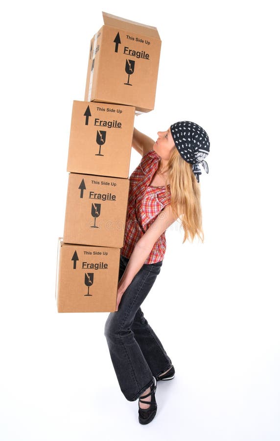 Young Woman Moving Boxes with with a Hand Truck or Dolly. Stock Image ...