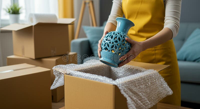 Woman Carefully Packs Delicate Blue Vase in Moving Box with Bubble Wrap ...