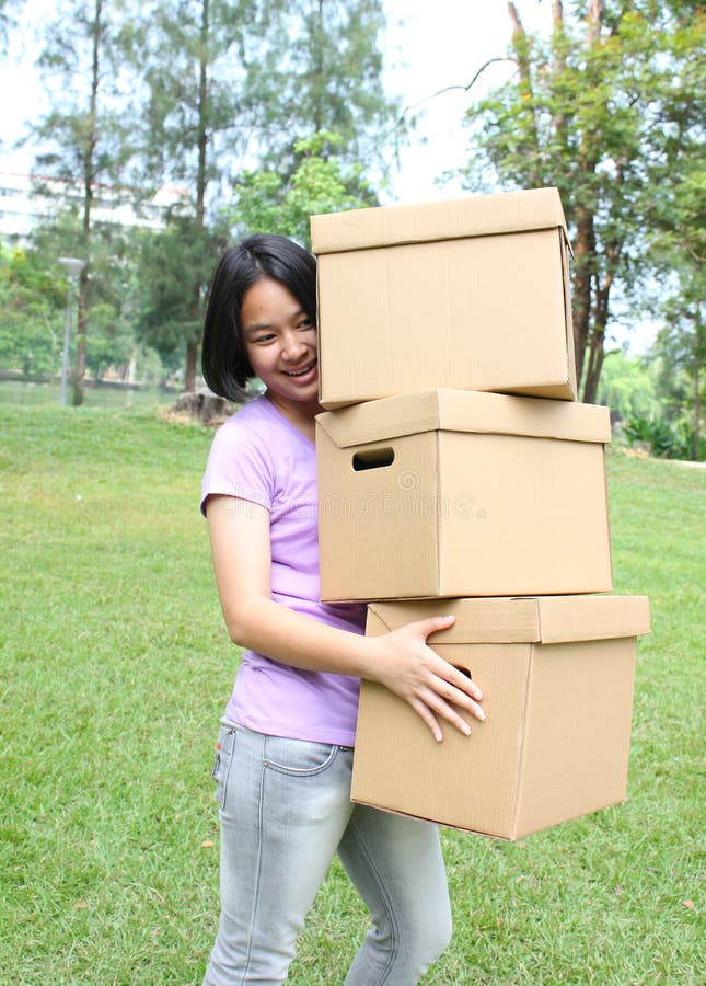 Woman Carrying Moving Boxes Stock Photo - Image of isolated, people ...