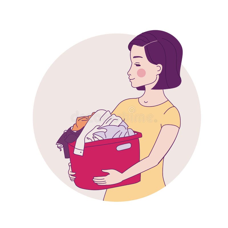 Woman Carrying Laundry Basket. Vector Line Illustration. Stock Vector ...