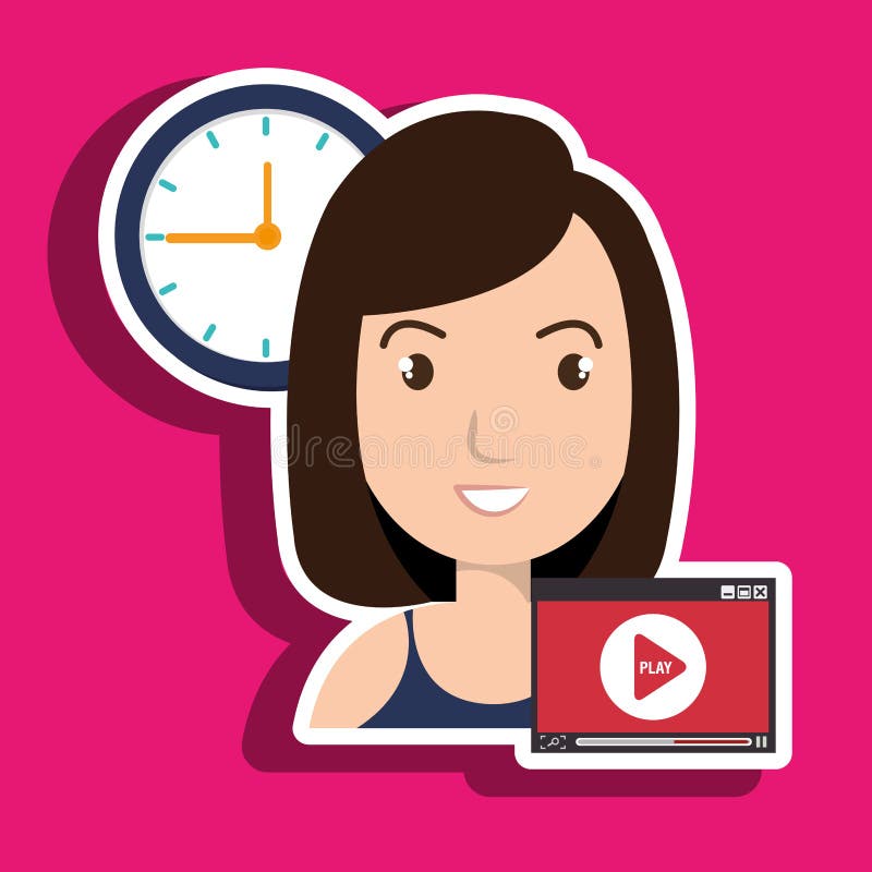 Woman Cartoon Video Record Clock Stock Illustration - Illustration of ...