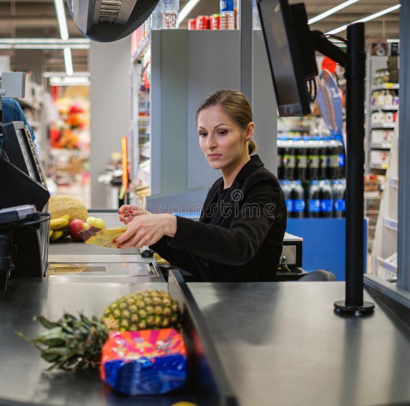 Woman cashier supermarket stock image. Image of pretty - 41251893