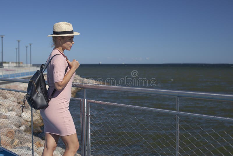 Woman in Casual Dress and with Backpack Stock Photo - Image of ...