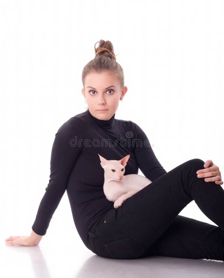 A woman and her cat stock photo. Image of feline, caretaker - 401218