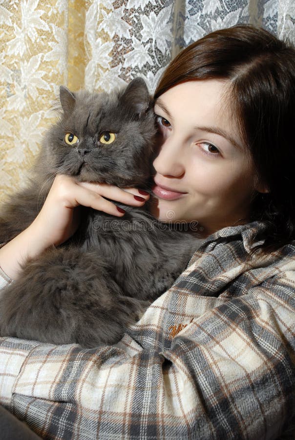 Woman with cat stock image. Image of house, fauna, cats - 8392003