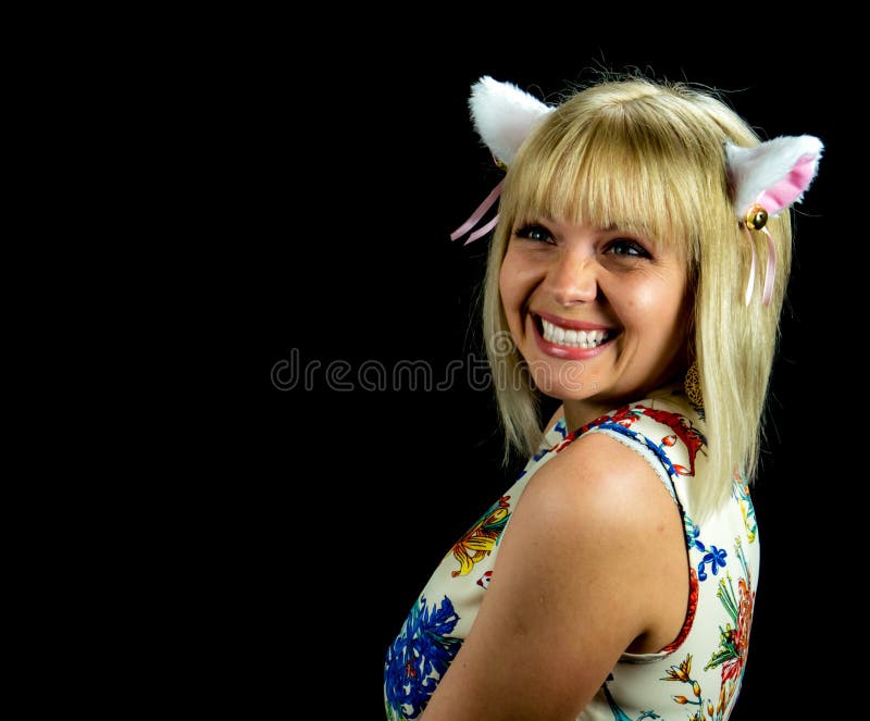 Woman with Cat Ears. on Black Background Stock Photo - Image of black ...