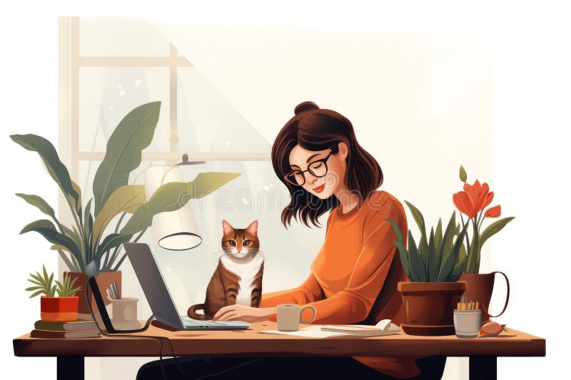 Woman with Cat Working at Home Desk. Generate Ai Stock Illustration ...