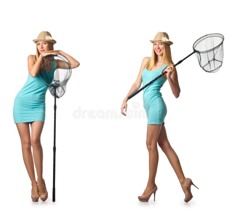 The Woman with Catching Net Isolated on White Stock Image - Image of ...