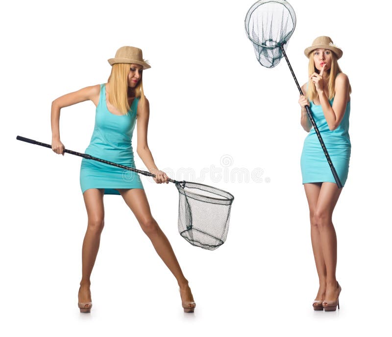 The Woman with Catching Net Isolated on White Stock Photo - Image of ...