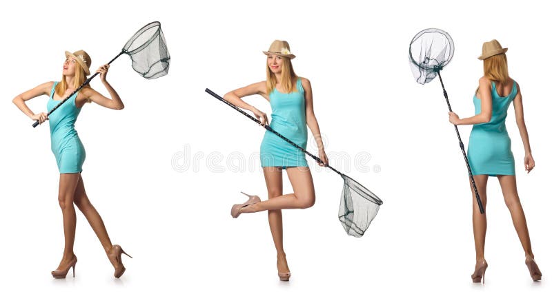 The Woman with Catching Net Isolated on White Stock Image - Image of ...
