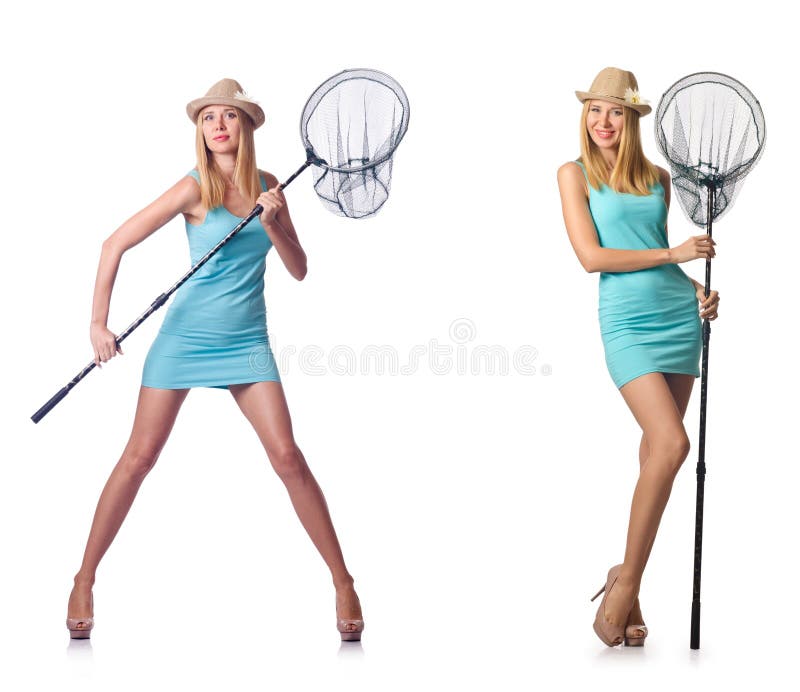 The Woman with Catching Net Isolated on White Stock Photo - Image of ...