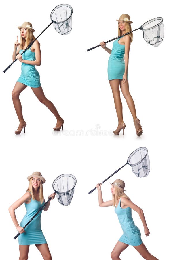 The Woman with Catching Net Isolated on White Stock Photo - Image of ...