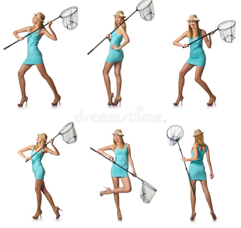 The Woman with Catching Net Isolated on White Stock Photo - Image of ...