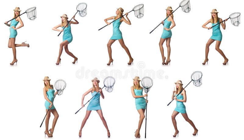 The Woman with Catching Net Isolated on White Stock Photo - Image of ...
