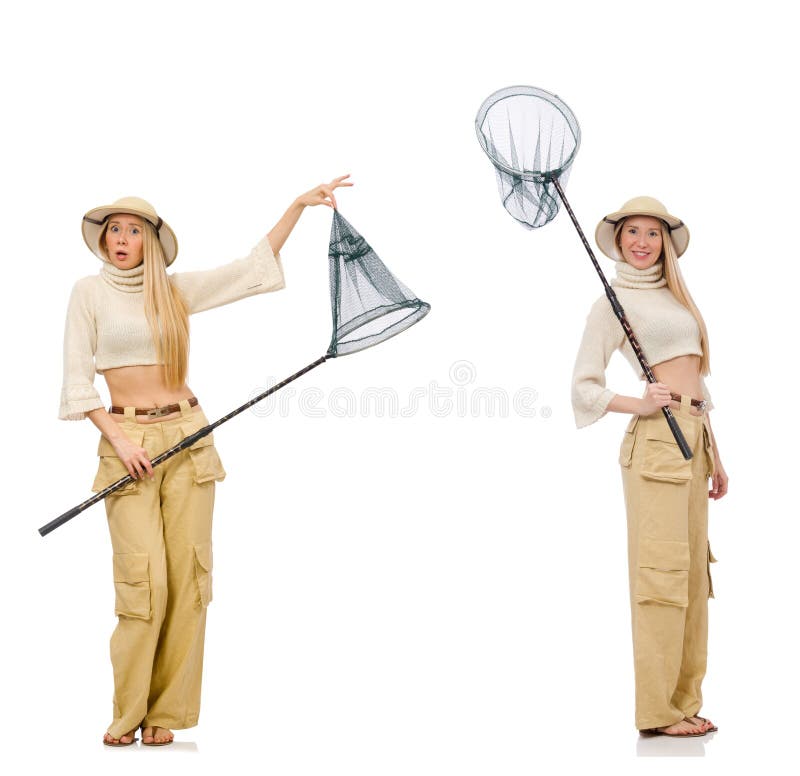 The Woman with Catching Net on White Stock Image - Image of nature ...