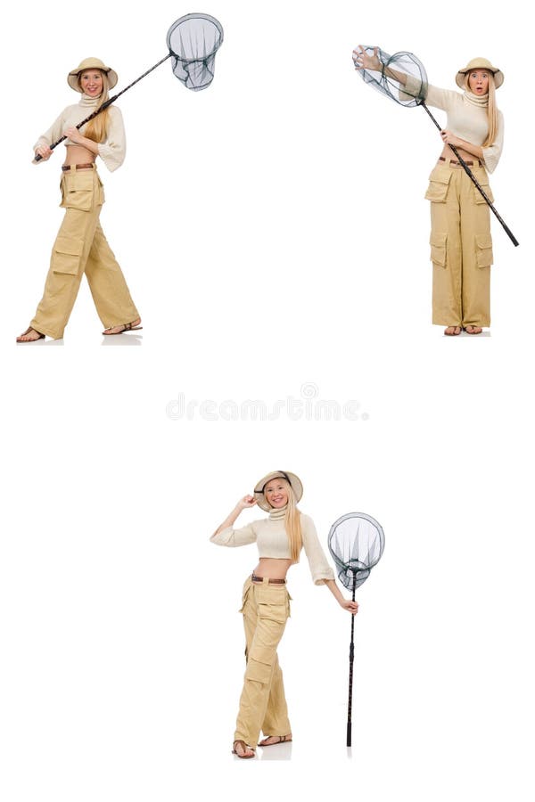 The Woman with Catching Net on White Stock Photo - Image of helmet ...