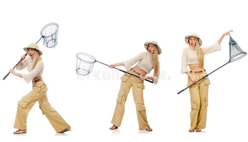 Woman with Catching Net on White Stock Photo - Image of hiking, landing ...