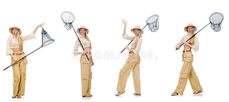 The Woman with Catching Net on White Stock Photo - Image of hunter ...