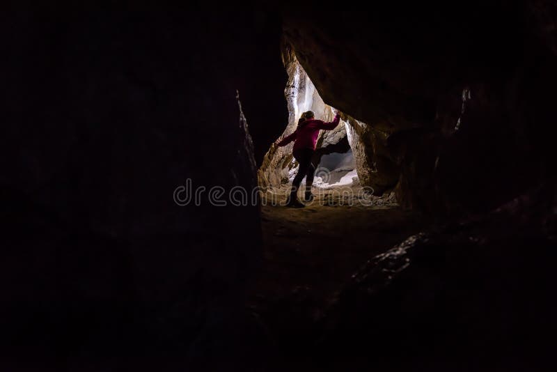 Woman Caver Spelunker Exploring the Cave Stock Image - Image of ...