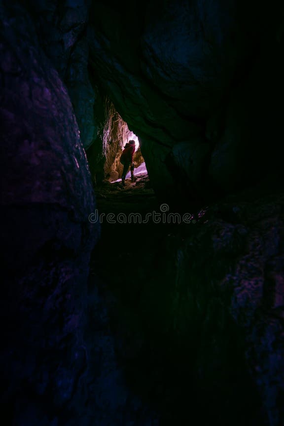 Woman Caver Spelunker Exploring the Cave Stock Photo - Image of ...