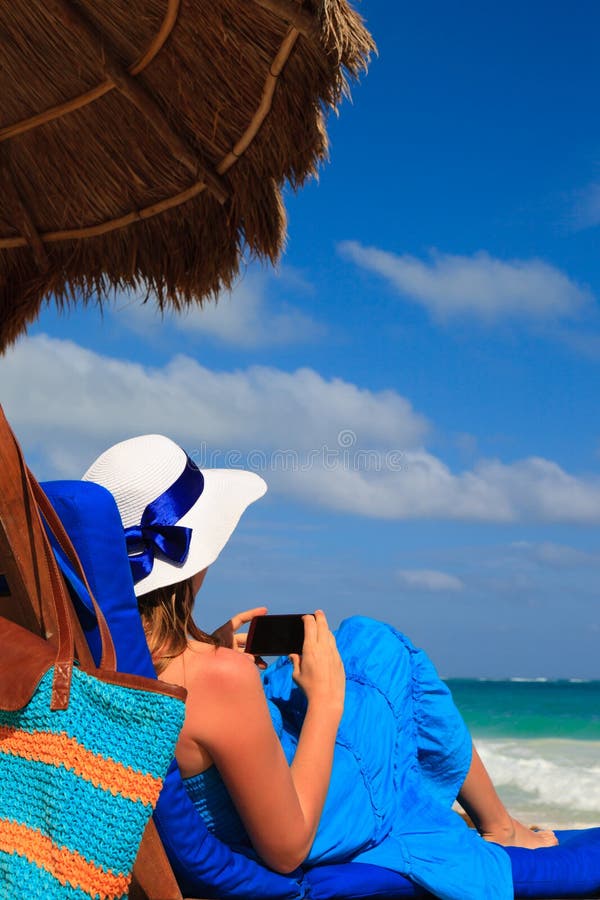 Woman with Cell Phone on Tropical Beach Stock Photo - Image of ...
