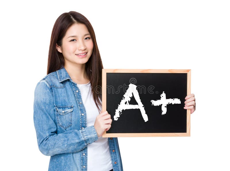 Woman with Chalkboard Showing a Plus Mark Stock Photo - Image of black ...