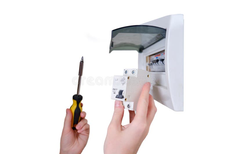 A Woman Changes an Automatic Fuse in a Home Electrical Panel, Isolat ...
