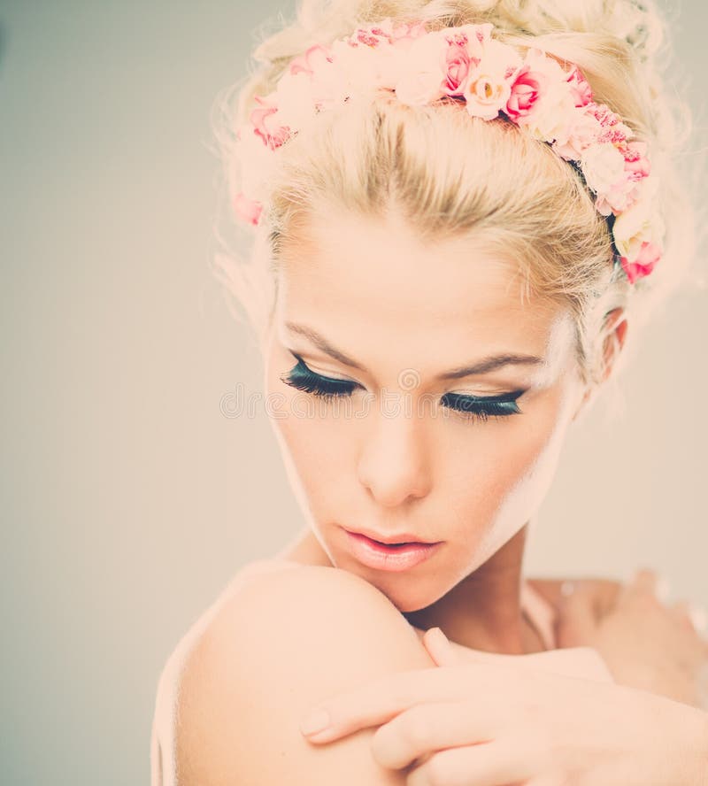 Woman with chaplet stock image. Image of pensive, floral - 39766301