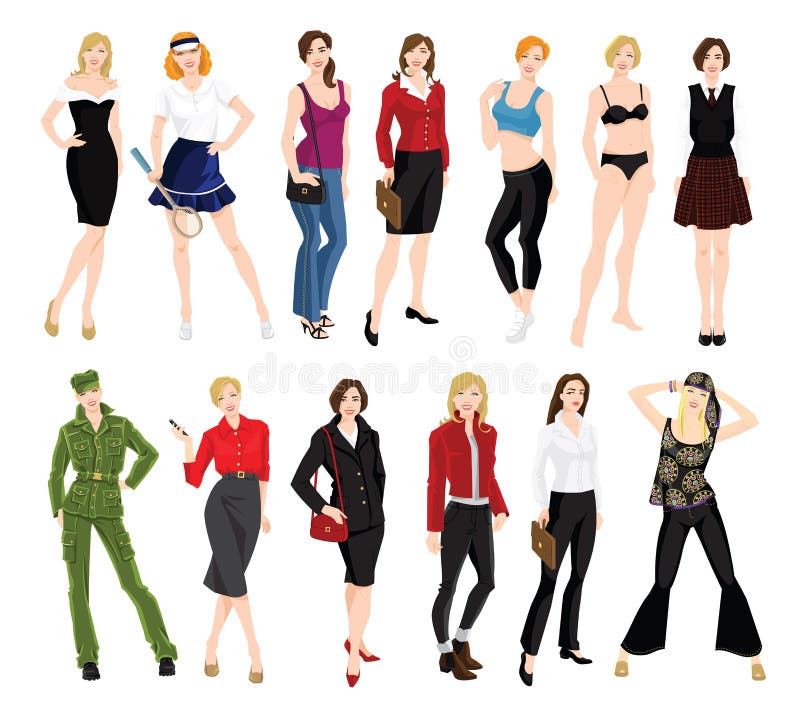 Woman Character in Different Clothes and Pose Stock Vector ...