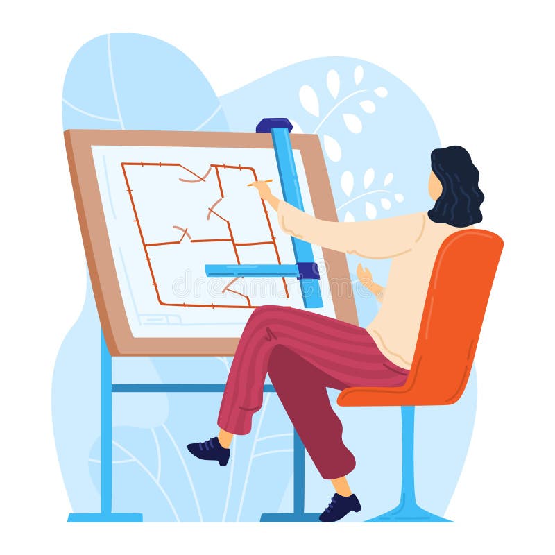 Woman Character Engineer Work Engineering Drawing Female Sitting ...