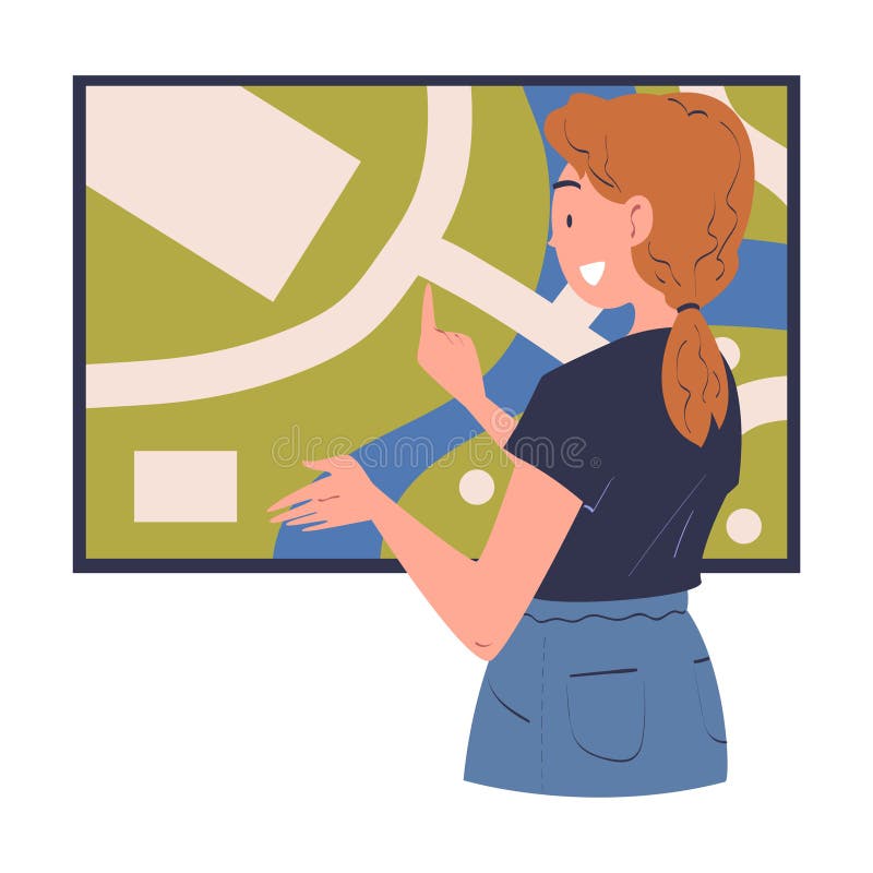 Woman Character Using Information Board with Interactive Map Interface ...