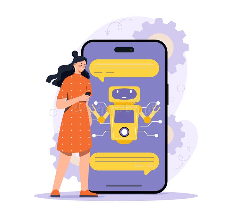 Woman with Chat Bot. Girl with Smartphone Communicates with Virtual ...