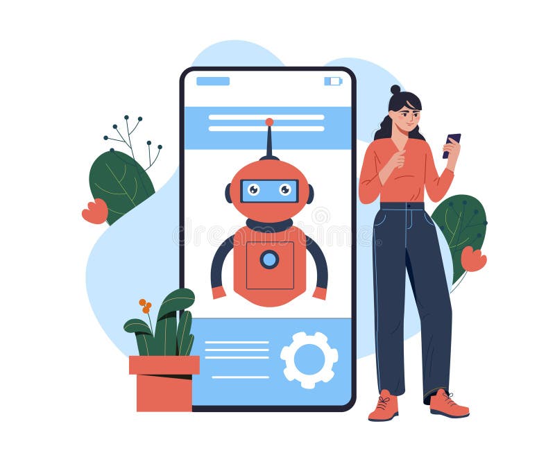 Woman Chatting with AI Chatbot on Phone. Vector Illustration Stock ...