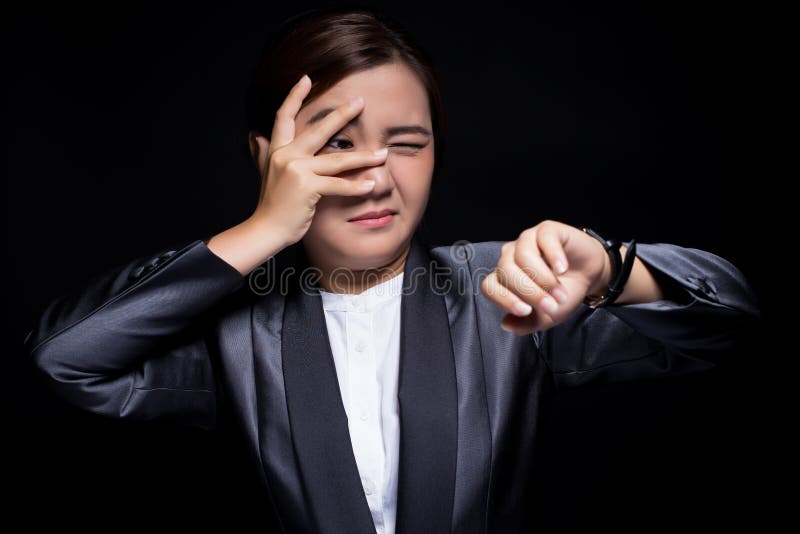 Woman Check Her Watch she is Late Over Background Stock Photo - Image ...