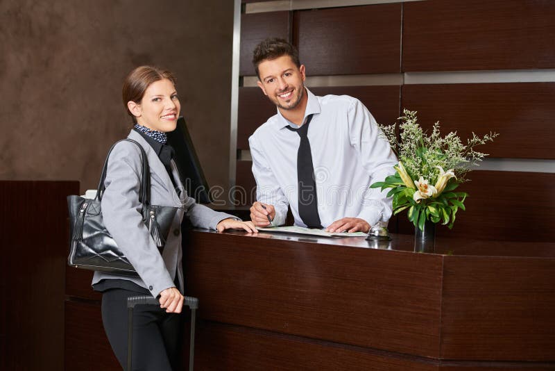 Woman during Check-in at Hotel Reception Stock Image - Image of ...