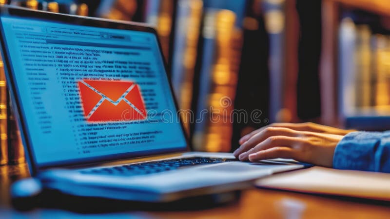 Woman Checking Email on Laptop in Library Setting Stock Photo - Image ...