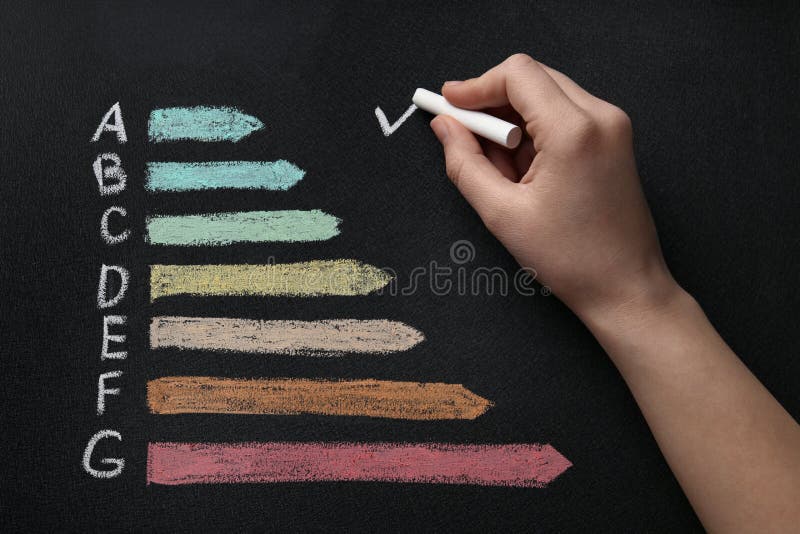 Woman Checking Energy Efficiency Level of Rating Chart on Black ...